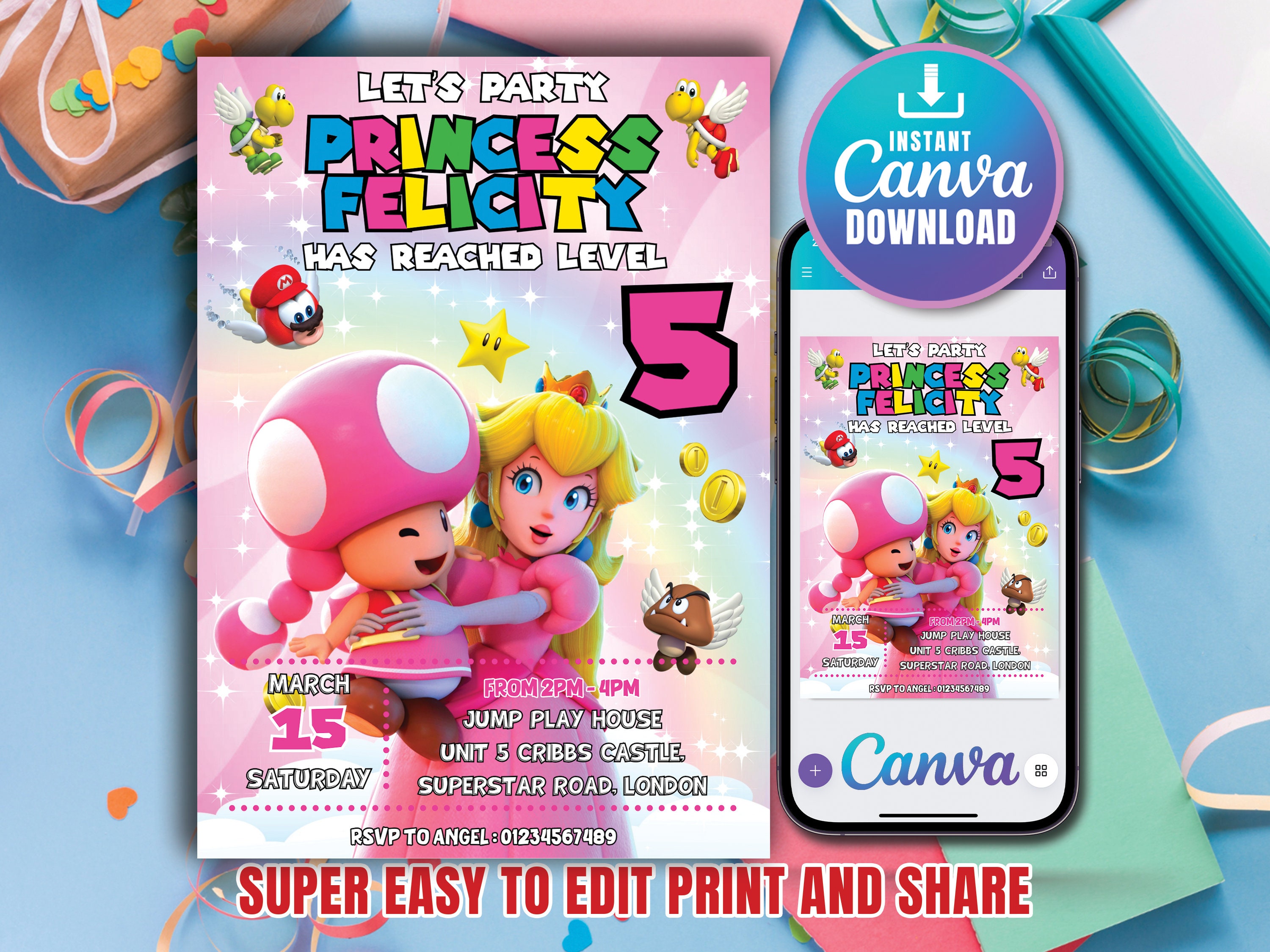 Editable Princess Peach Birthday Invitation, Super Mario Bros ...
