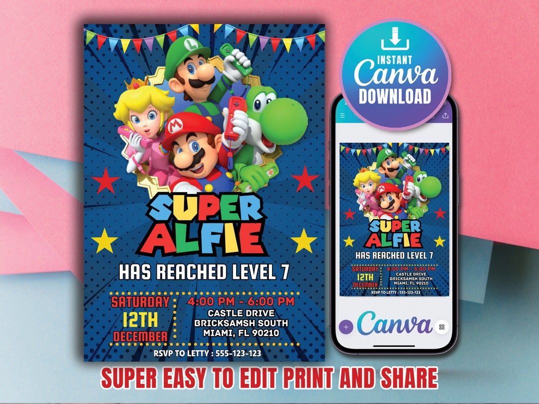 Super Mario Bros Invitation, Super Mario Birthday Invitation, Super ...