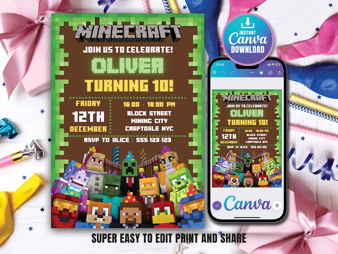 Editable Minecraft Birthday Invitation, Minecrafter Birthday ...