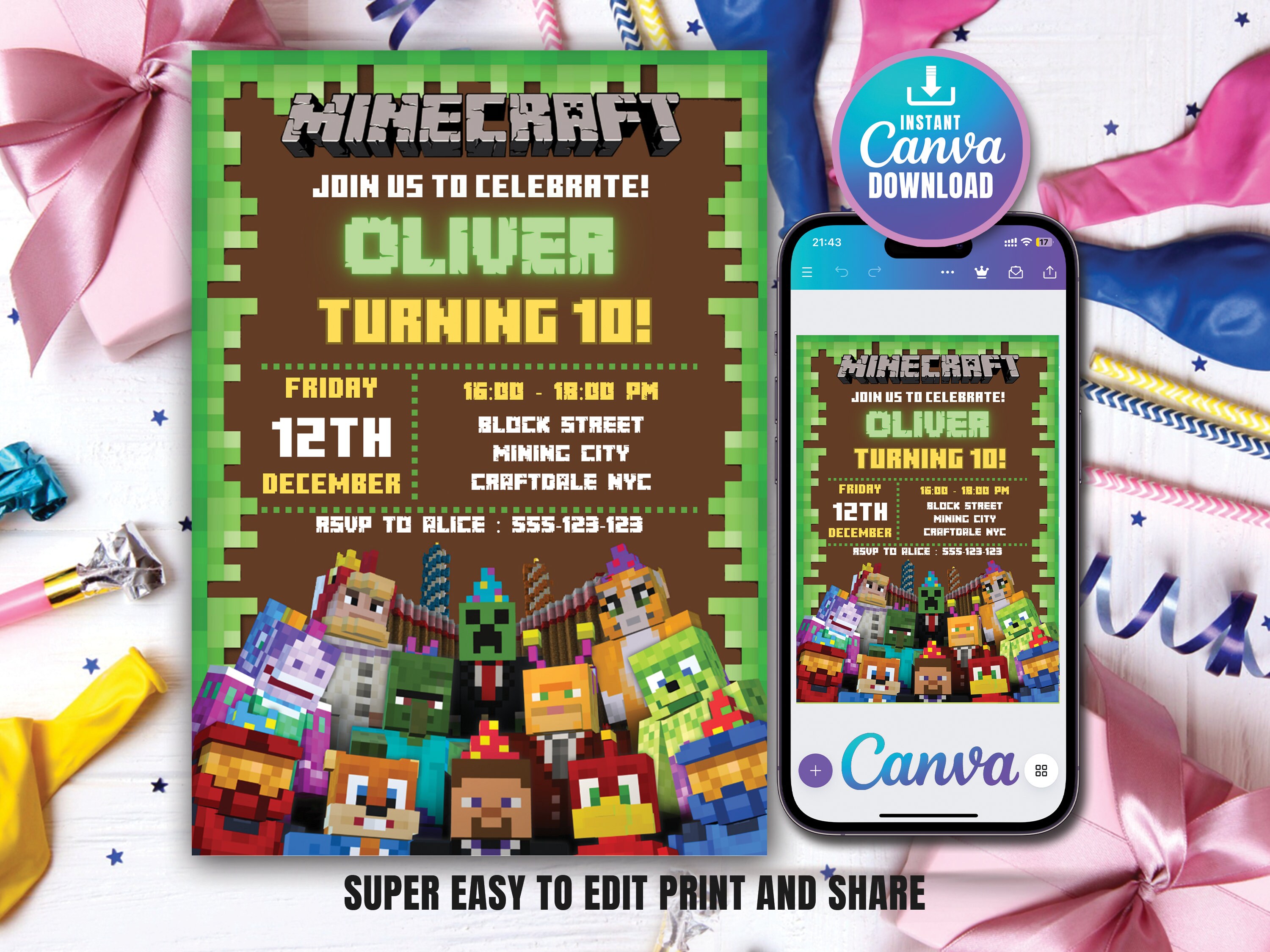 Editable Minecraft Birthday Invitation, Minecrafter Birthday ...