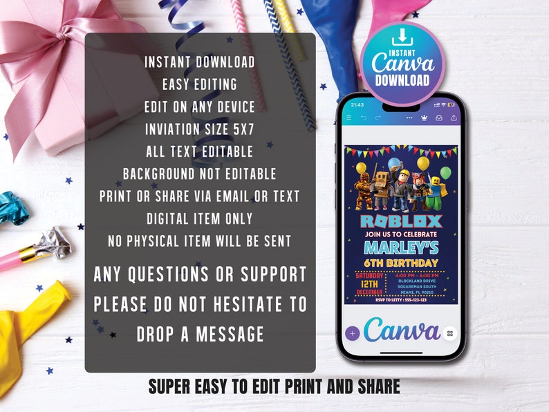 Roblox Birthday Invitation, Roblox Game Party, Roblox Invitation, Kids ...