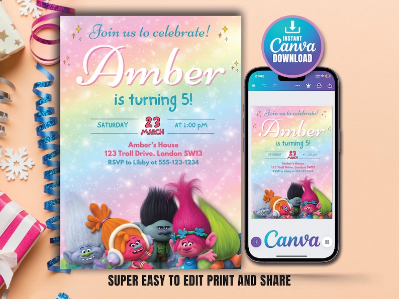 Printable Birthday Invitation, Editable Trolls Invite, Girls Birthday ...