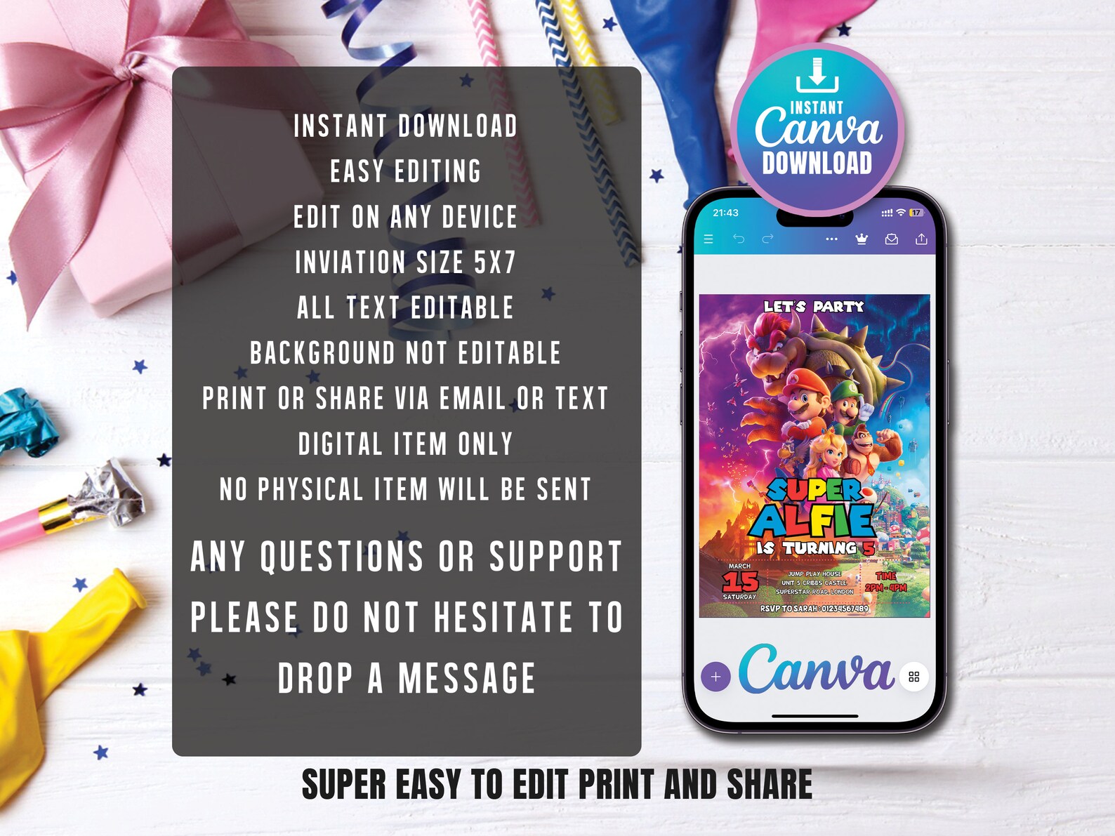 Editable Super Mario Birthday Invitation | Super Mario Party Invitation ...