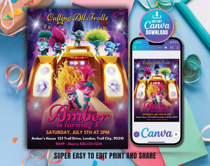 Trolls Poppy Pool Party Invitation, Trolls Birthday Invitation ...