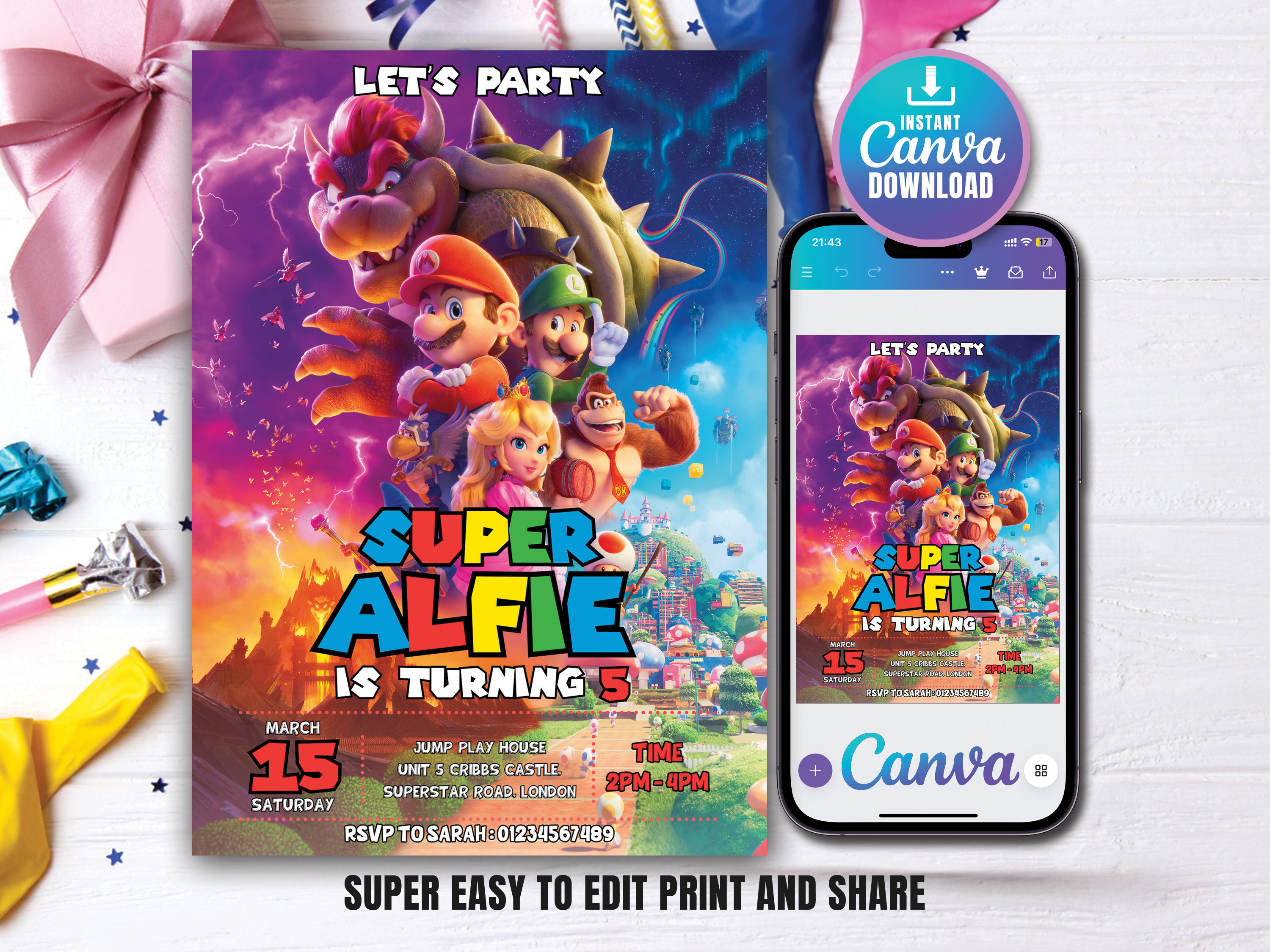 Editable Super Mario Birthday Invitation | Super Mario Party Invitation ...
