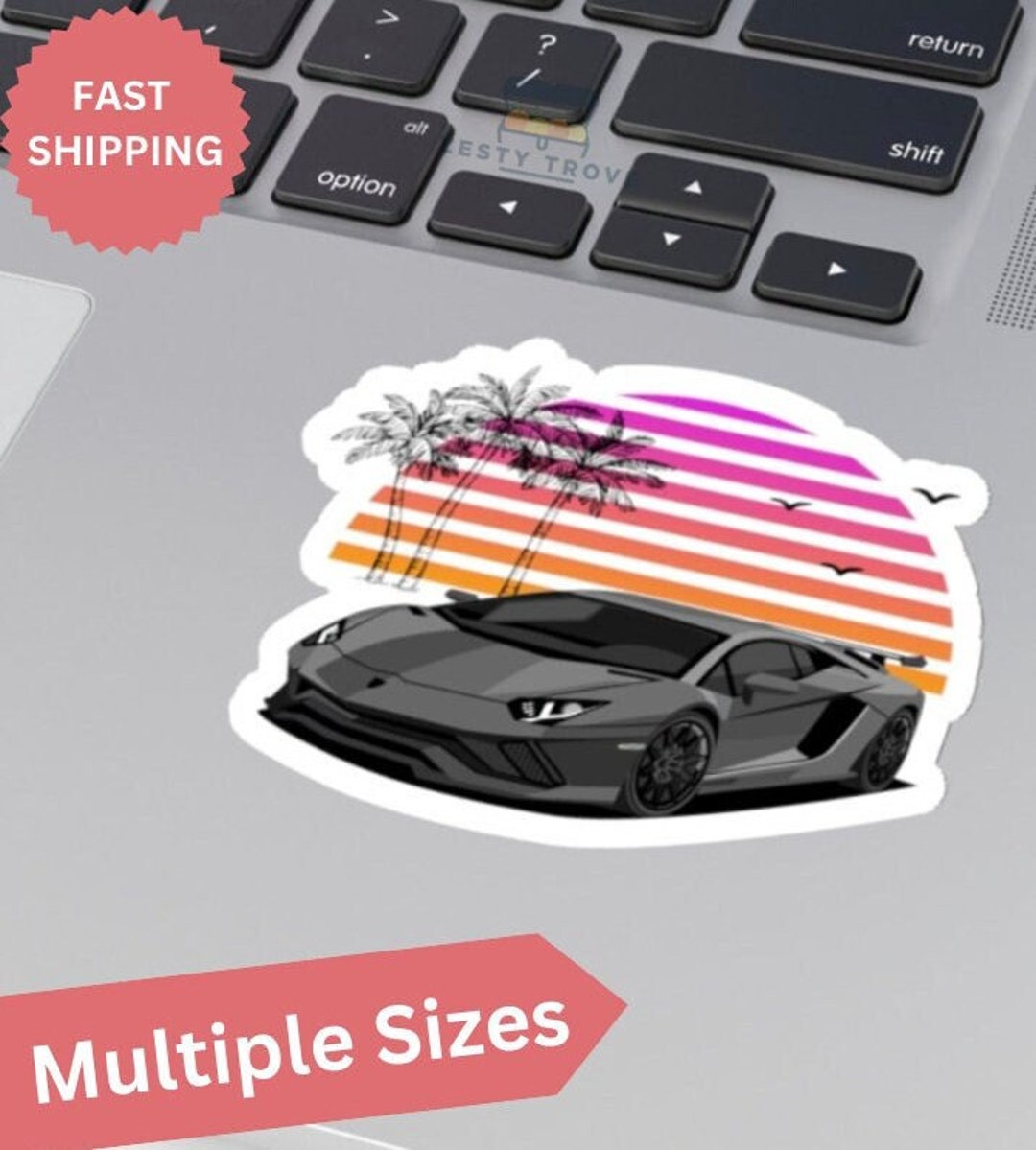 Tropical Sunset Super Car Sticker, Cartoon Graphic Sports Car Sticker ...