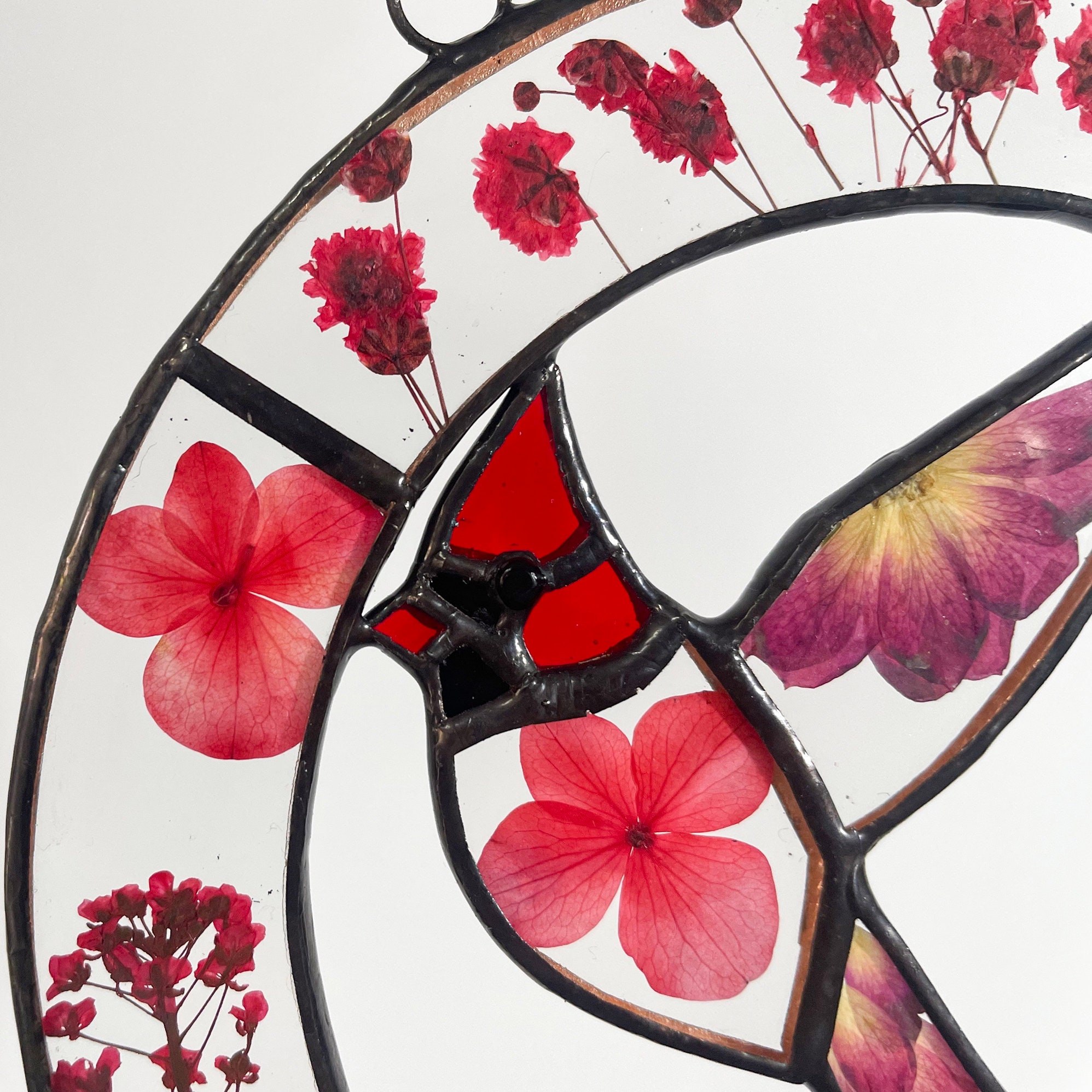 Real Red Pressed Dried Flowers and Cardinal Stained Glass Suncatchers ...