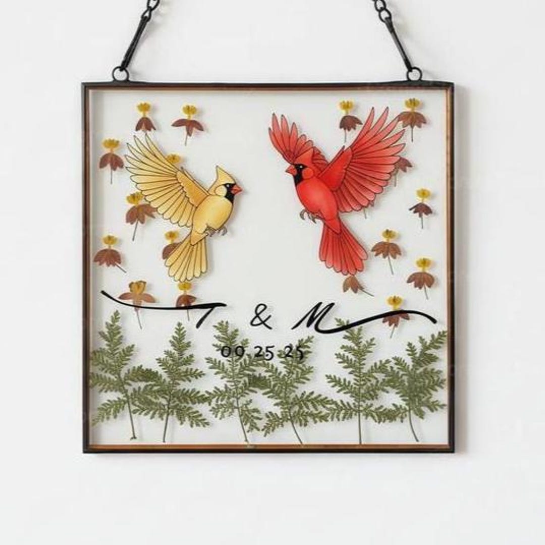 Stained Glass Male and Female Cardinal Birds Suncatcher With Real Dried ...