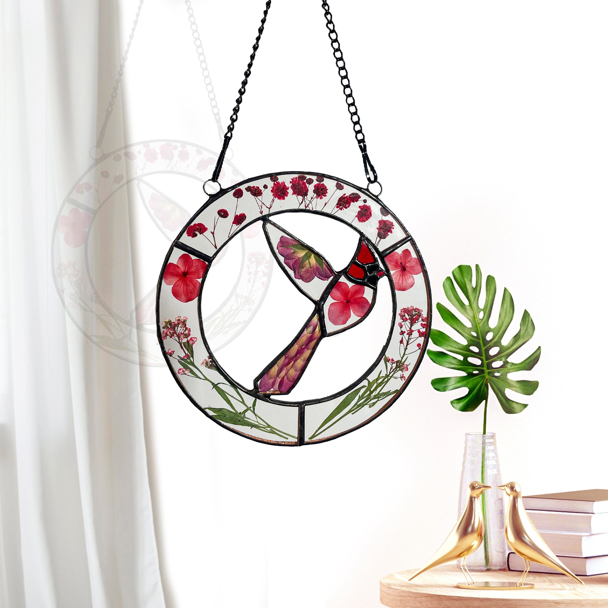 Real Red Pressed Dried Flowers and Cardinal Stained Glass Suncatchers ...