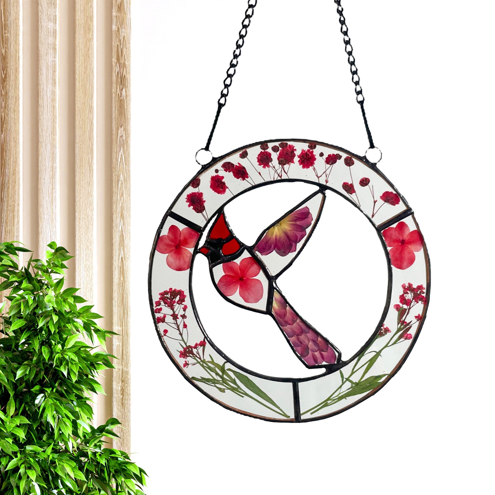 Real Red Pressed Dried Flowers and Cardinal Stained Glass Suncatchers ...