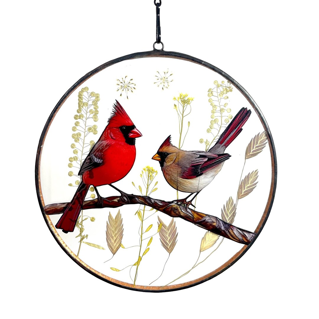 Real Dried Flower Male and Female Lovebirds Cardinals Stained Glass ...