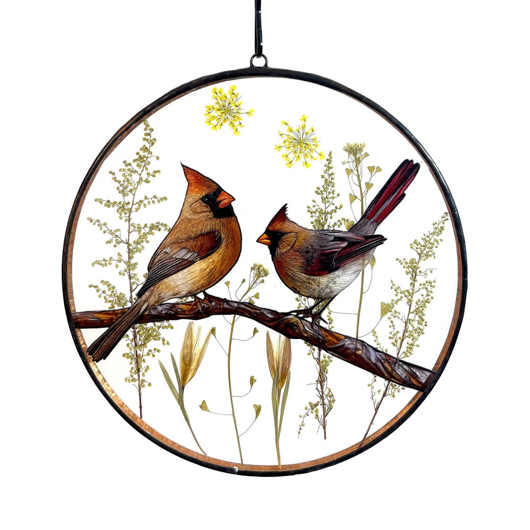 Real Dried Flower Mom and Daughter Two Female Cardinals Stained Glass ...