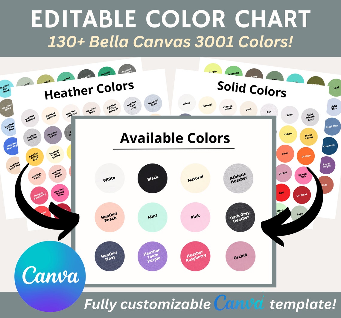 Bella Canvas 3001 Editable Color Chart, Canva Template, Bella Canvas ...