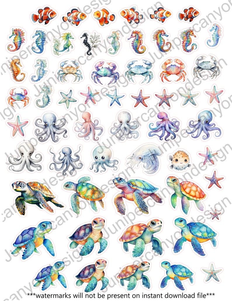 SVG, PNG Watercolor Digital Ocean Creature Sticker Sheet and Ocean ...