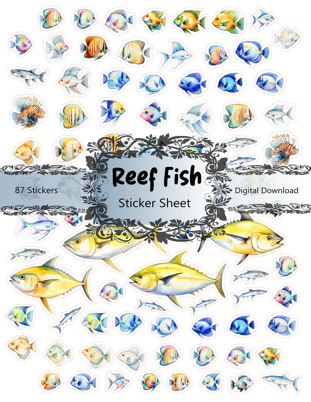 SVG, PNG Watercolor Reef Fish Sticker Sheet and Ocean Backgrounds ...