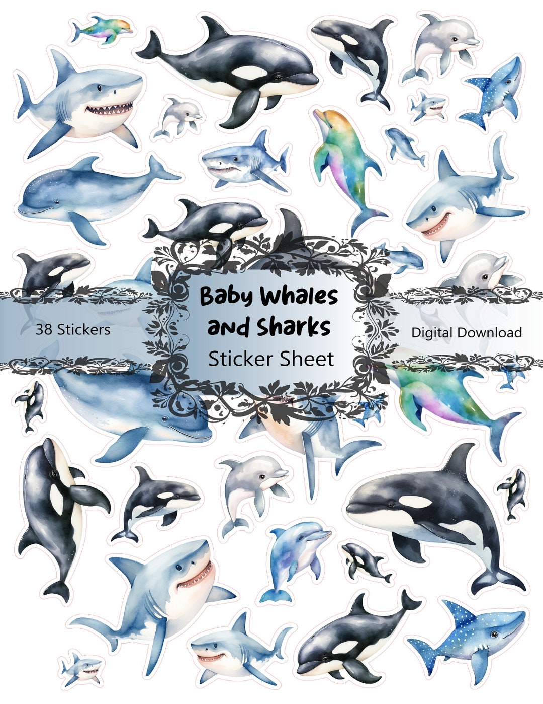SVG, PNG Digital Baby Whales and Sharks Sticker Sheet Ocean Backgrounds Great White Shark Orca ...