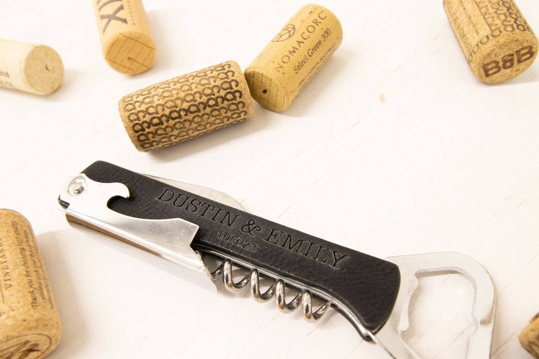 Custom Engraved Leather Corkscrew & Bottle Opener, Personalized Wine ...