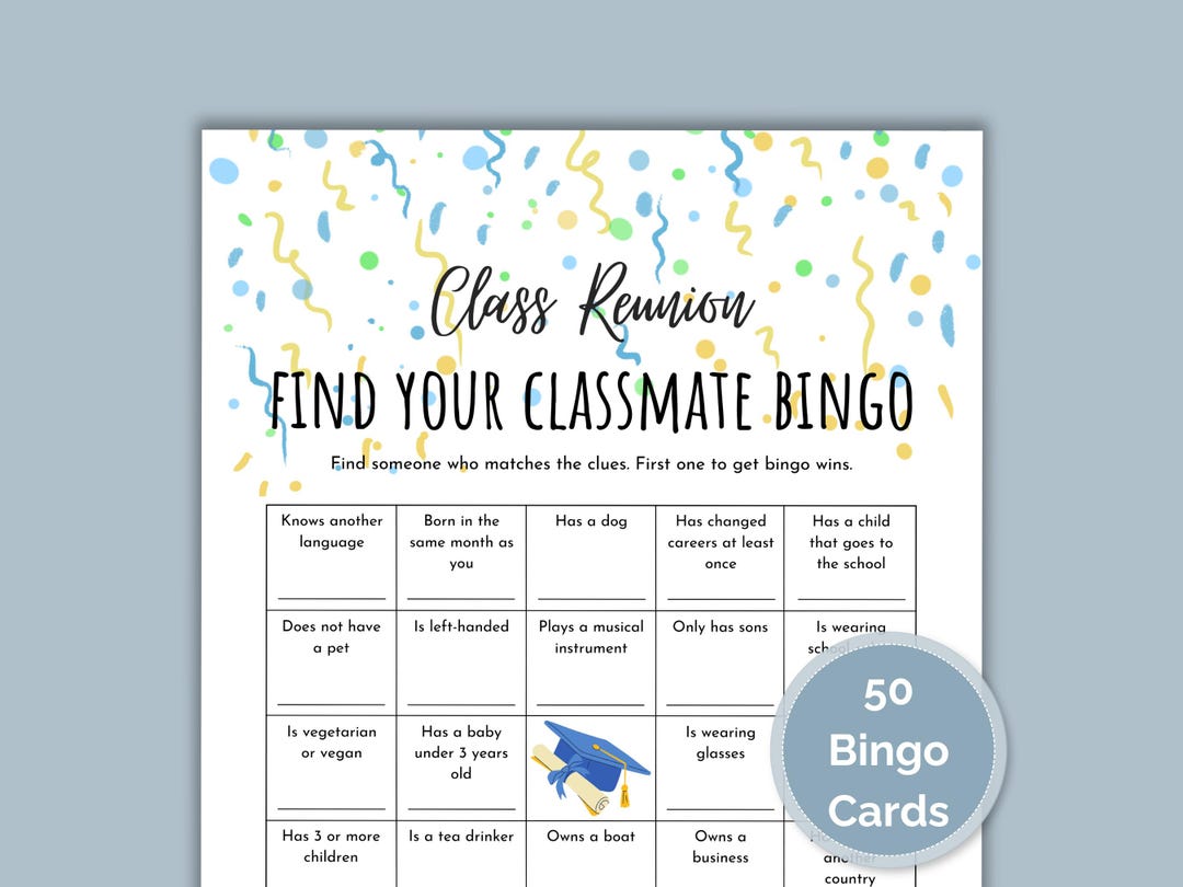 50 Class Reunion Find Your Classmate Bingo Cards, Reunion Icebreaker ...