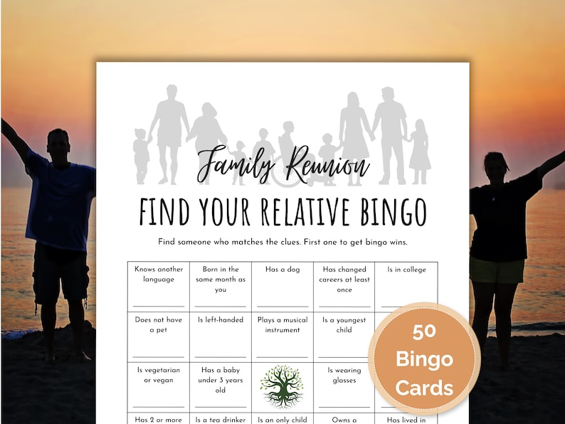 50 Family Reunion Find Your Relative Bingo Cards, Reunion Icebreaker ...