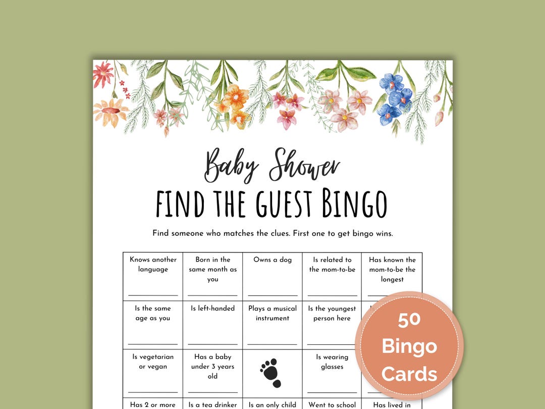 50 Baby Shower Find the Guest Bingo Cards, Spring or Summer Baby Shower ...