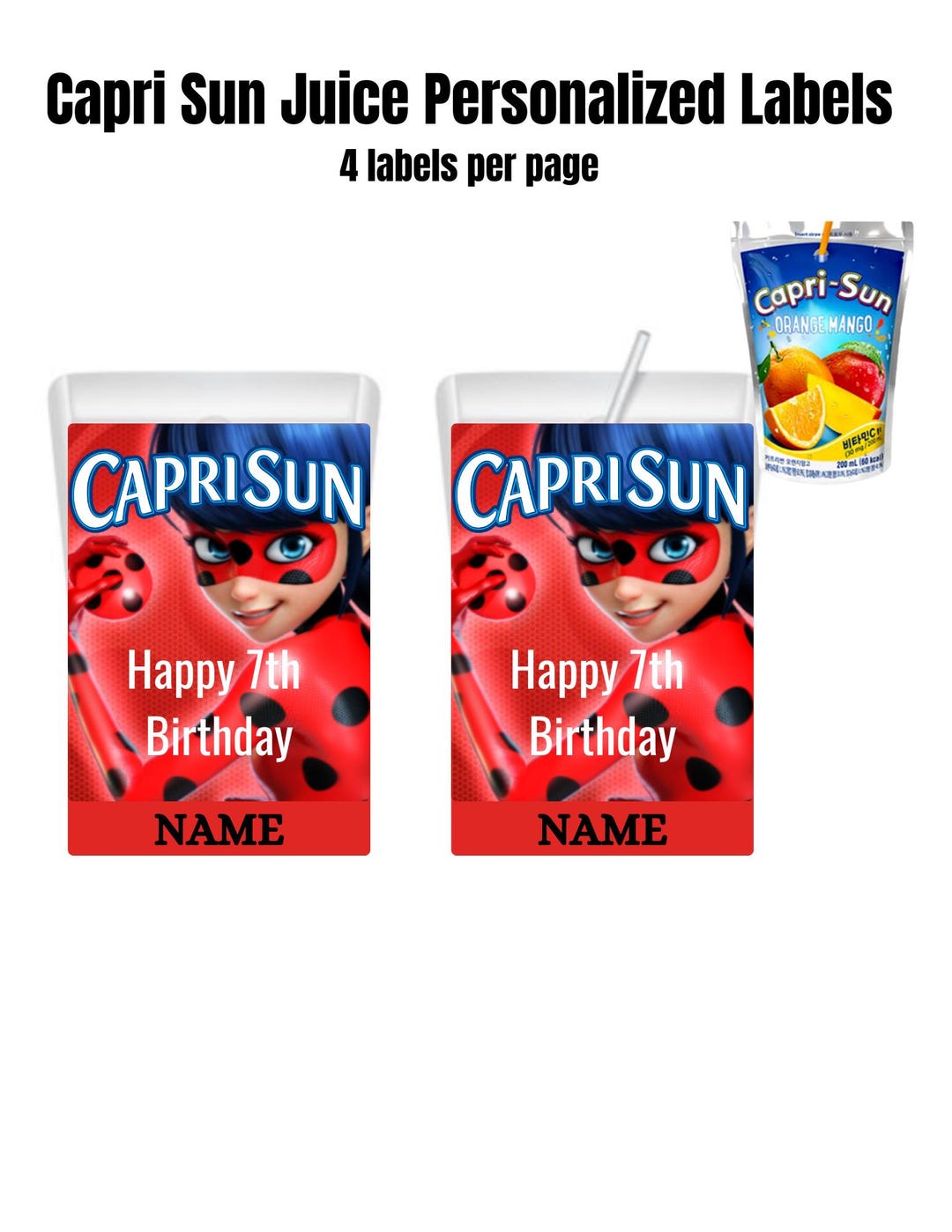 Miraculous Ladybug Carpisun Personalized Labels- Party Favors- Party ...