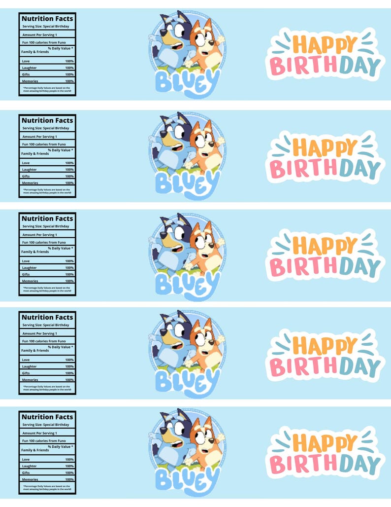 Bluey Birthday Water Bottle Labels – Printable Drink Wraps for Party ...
