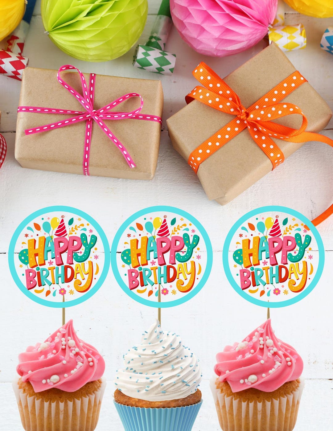 Colorful Happy Birthday Printable Cupcake Topper- Party Supplies ...