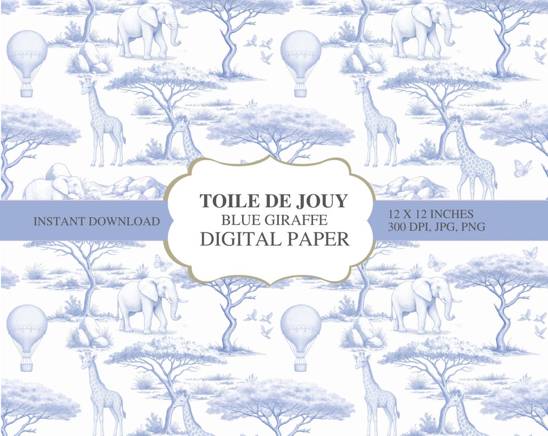 Chinoiserie Toile De Jouy Blue Giraffe, Seamless Background, Digital ...