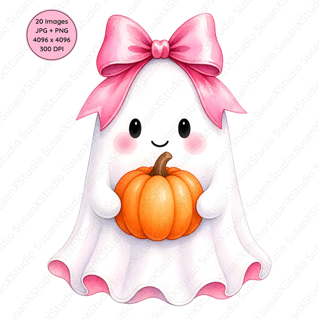 Pink Bow Ghost Clipart Bundle: Watercolor Halloween Nursery Decor (20 ...