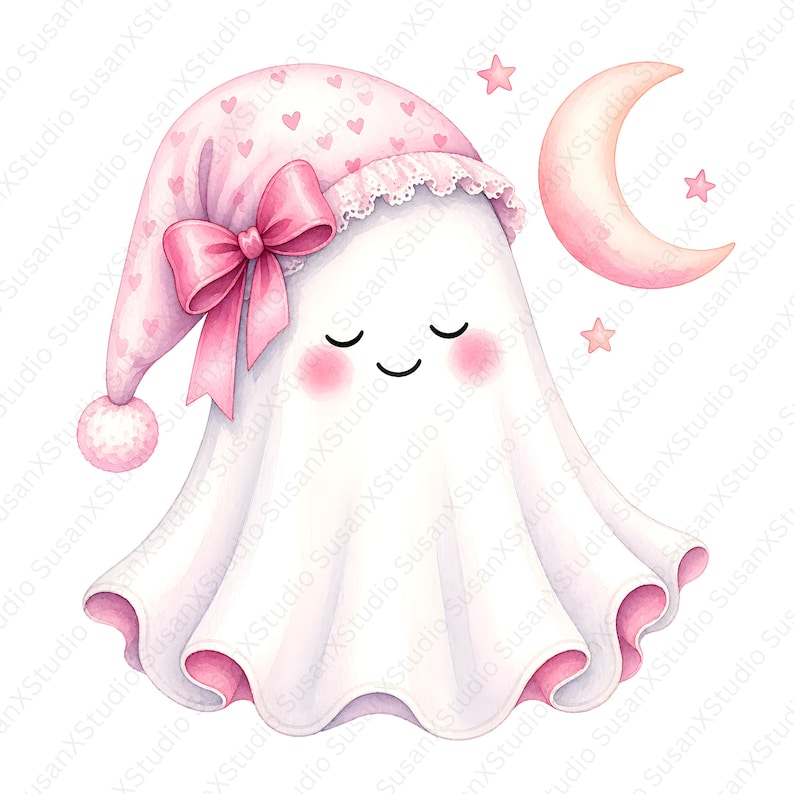 Pink Bow Ghost Clipart Bundle: Watercolor Halloween Nursery Decor (20 ...