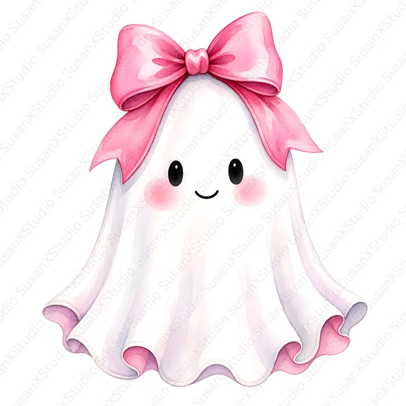 Pink Bow Ghost Clipart Bundle: Watercolor Halloween Nursery Decor (20 ...