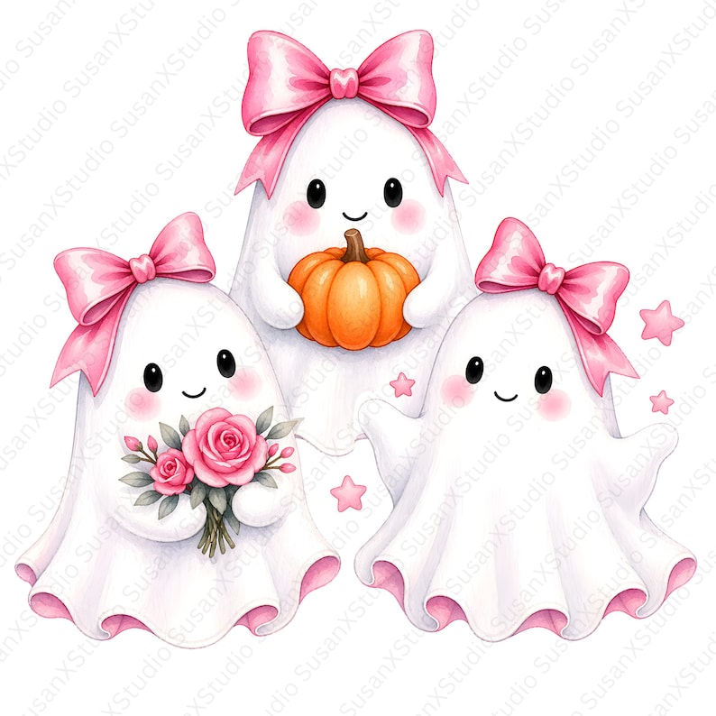 Pink Bow Ghost Clipart Bundle: Watercolor Halloween Nursery Decor (20 ...