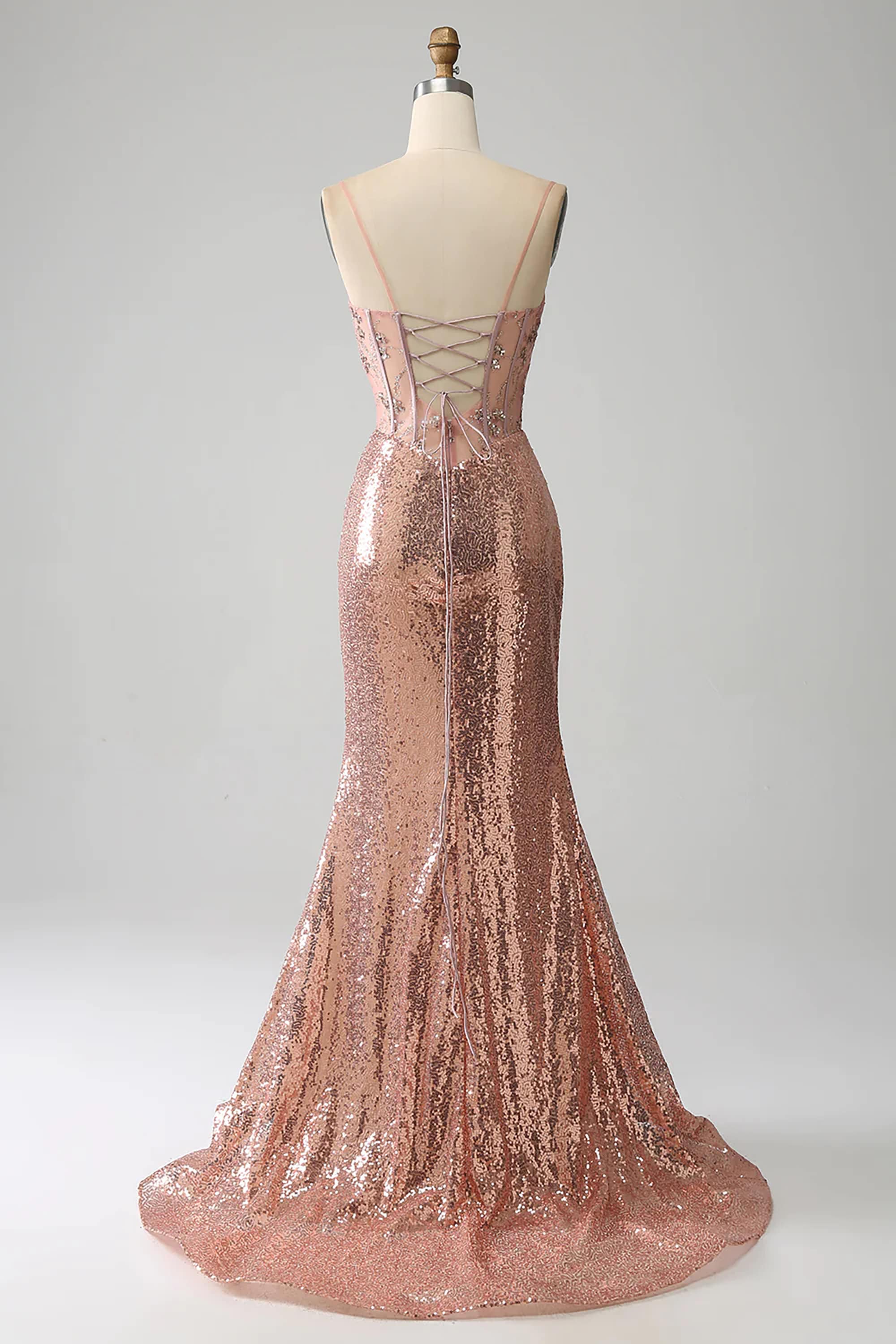 Rose Gold Prom Dress, Mermaid Sequin Evening Dress With Slit, Beading ...