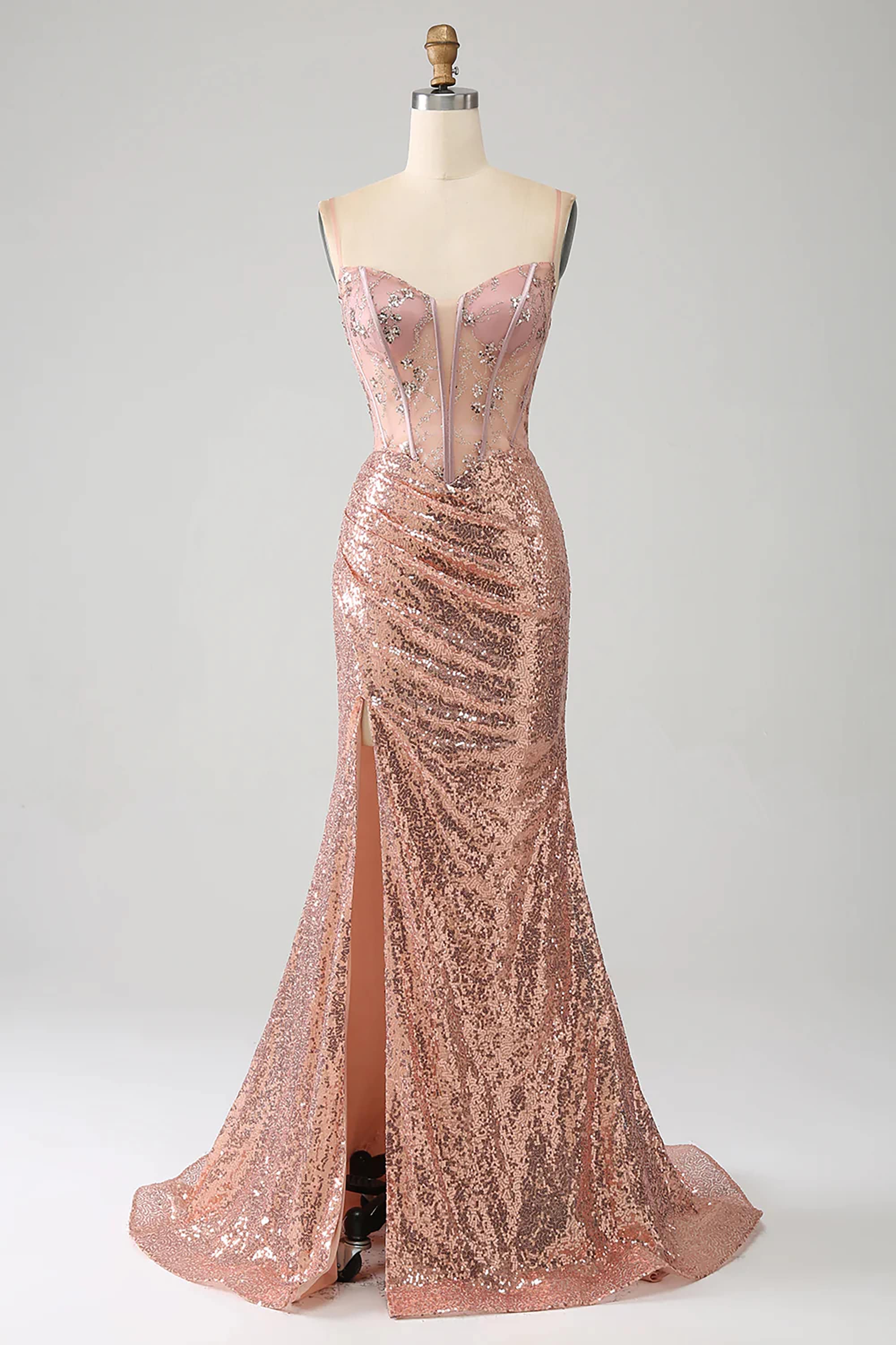 Rose Gold Prom Dress, Mermaid Sequin Evening Dress With Slit, Beading ...