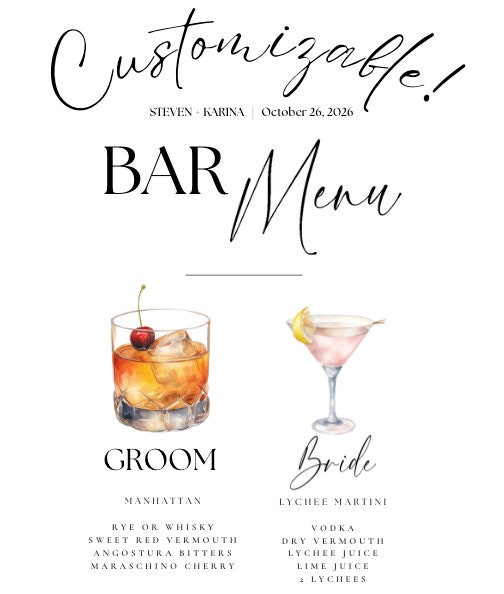 Customizable Modern Signature Bar Sign, Drinks Menu, Wedding, Bar Menu ...