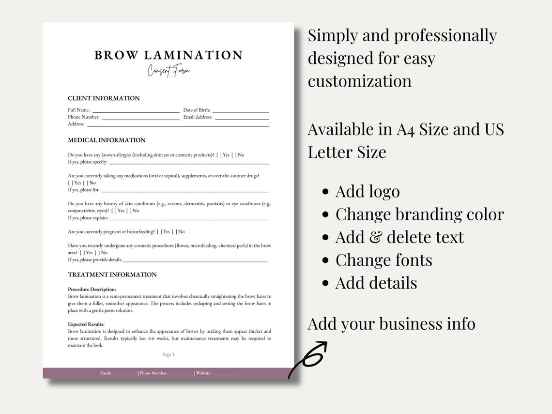 Editable Minimalist Brow Lamination Consent Form Template Customizable ...