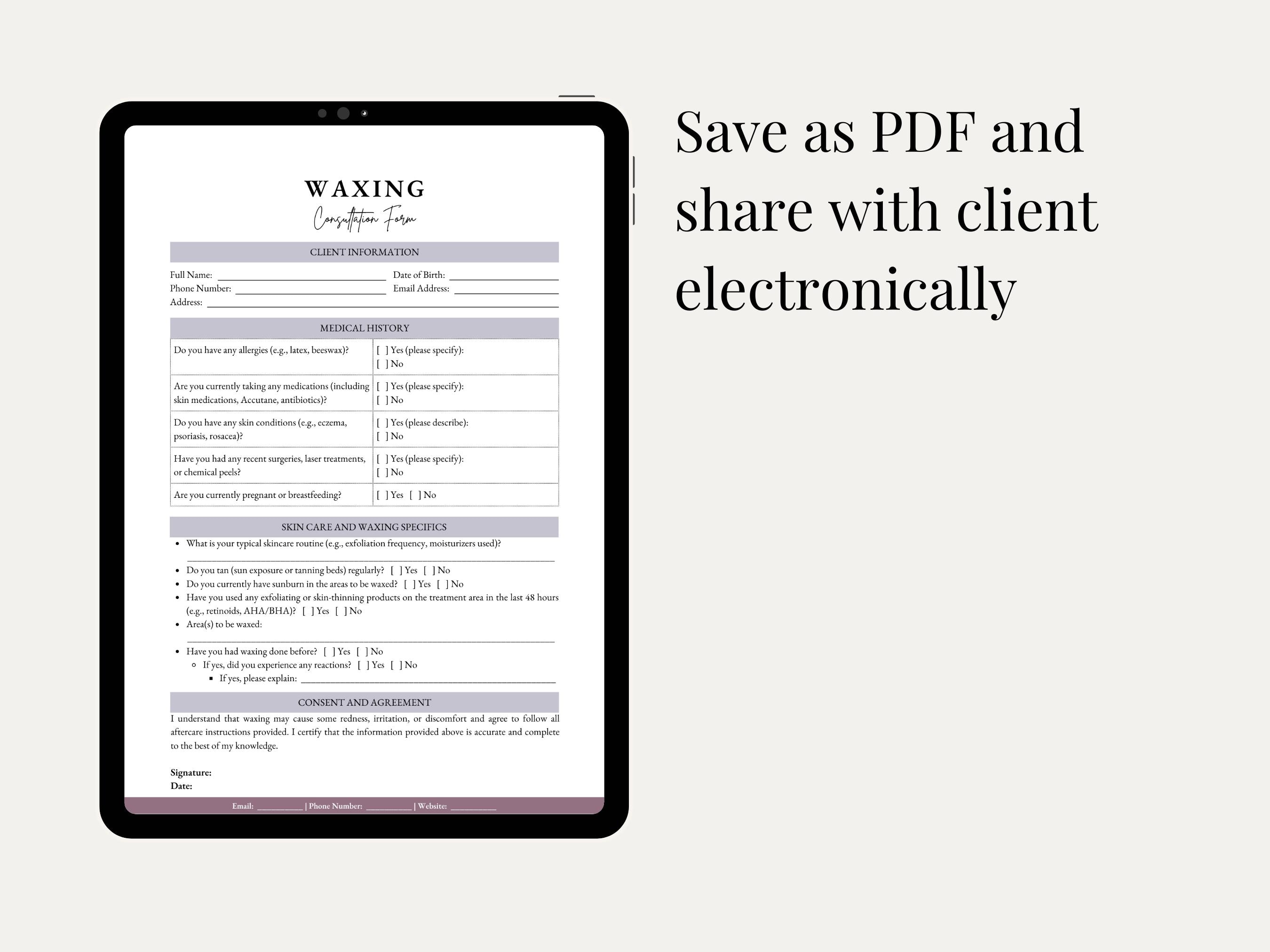 Editable Waxing Consultation Form: Client Intake Template (digital ...