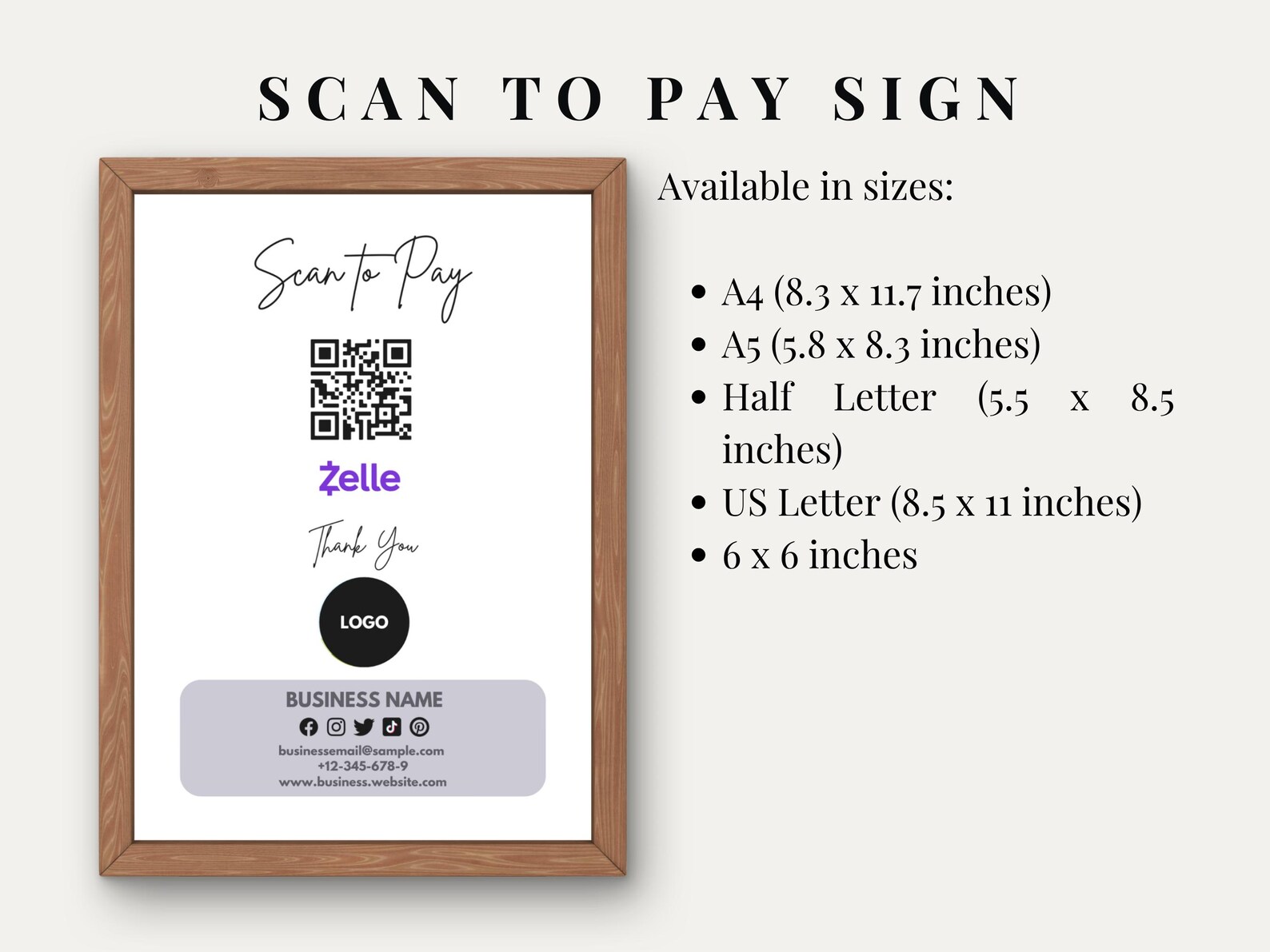 Customizable Zelle Scan to Pay Sign Template: QR Code (digital Download ...