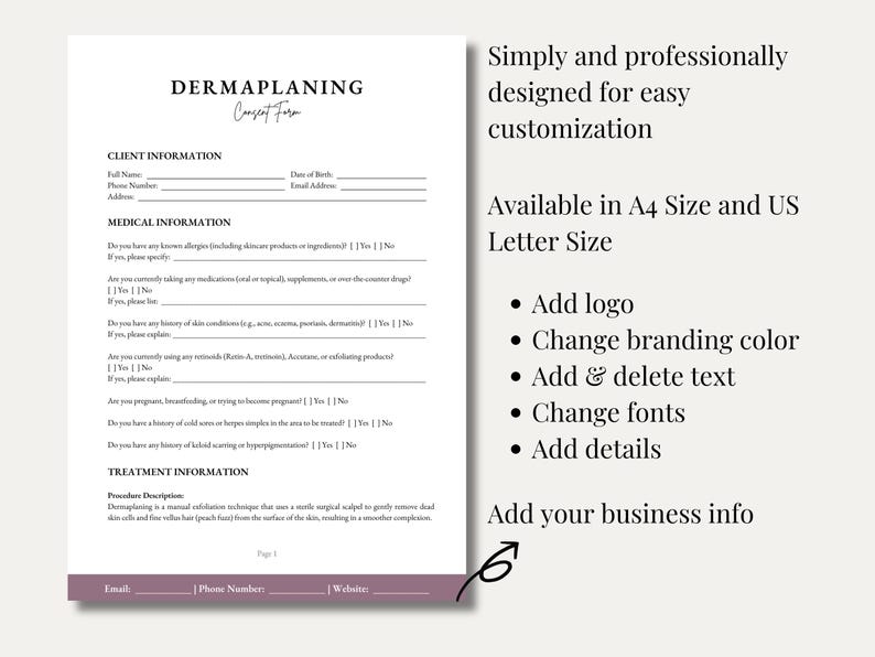 Editable Dermaplaning Consent Form Template: Skincare Client Intake ...