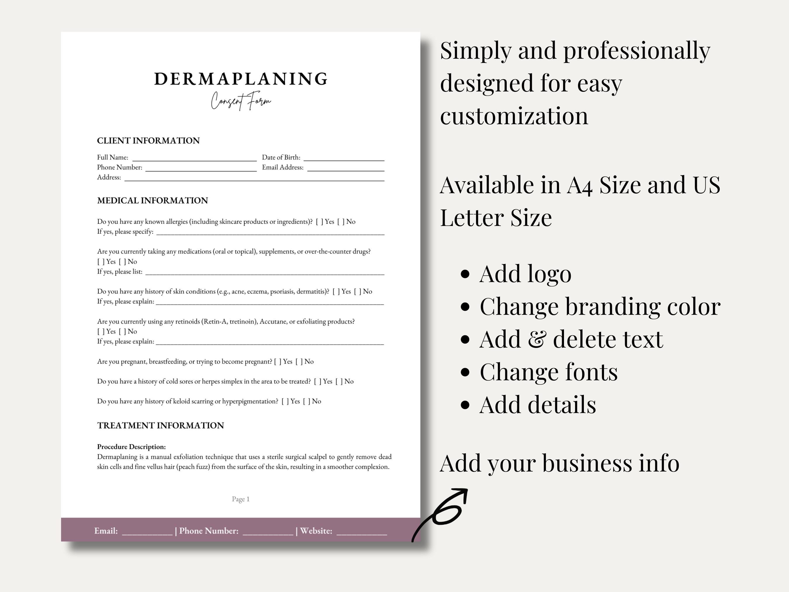 Editable Dermaplaning Consent Form Template: Skincare Client Intake ...