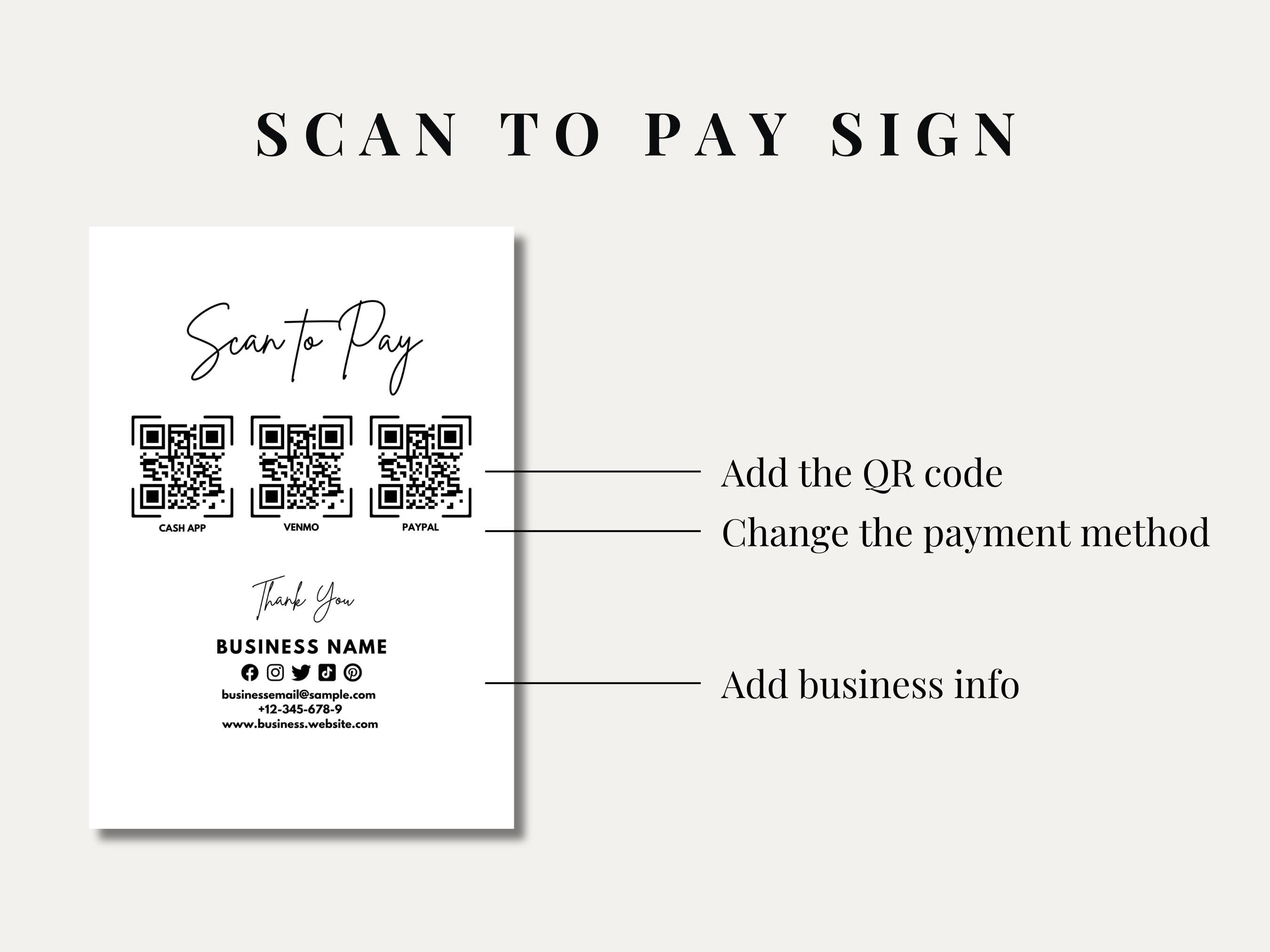 Editable Minimalist Black and White Scan to Pay Sign With Three QR ...