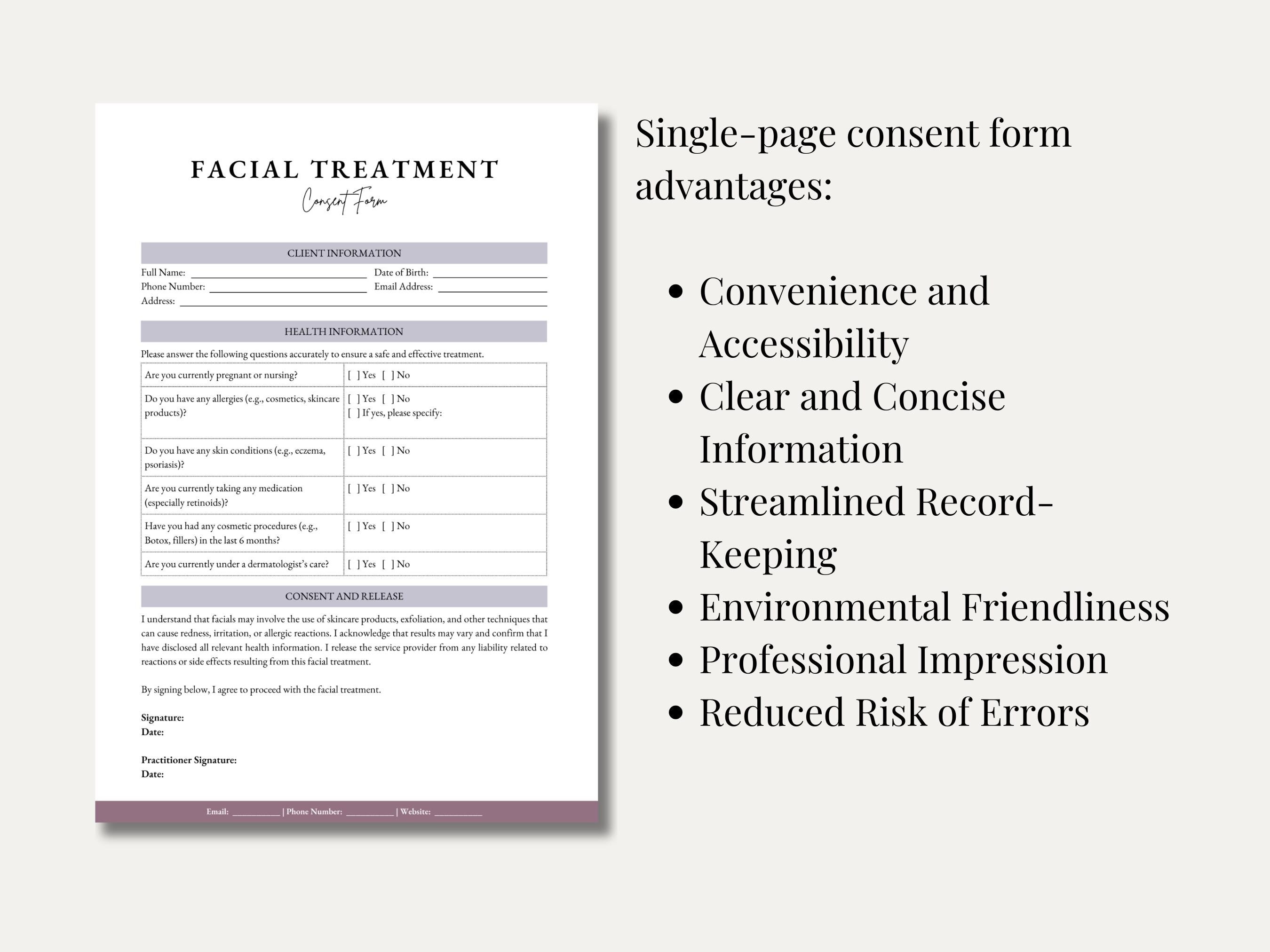 Editable Single-page Facial Treatment Consent Form | Digital Download ...