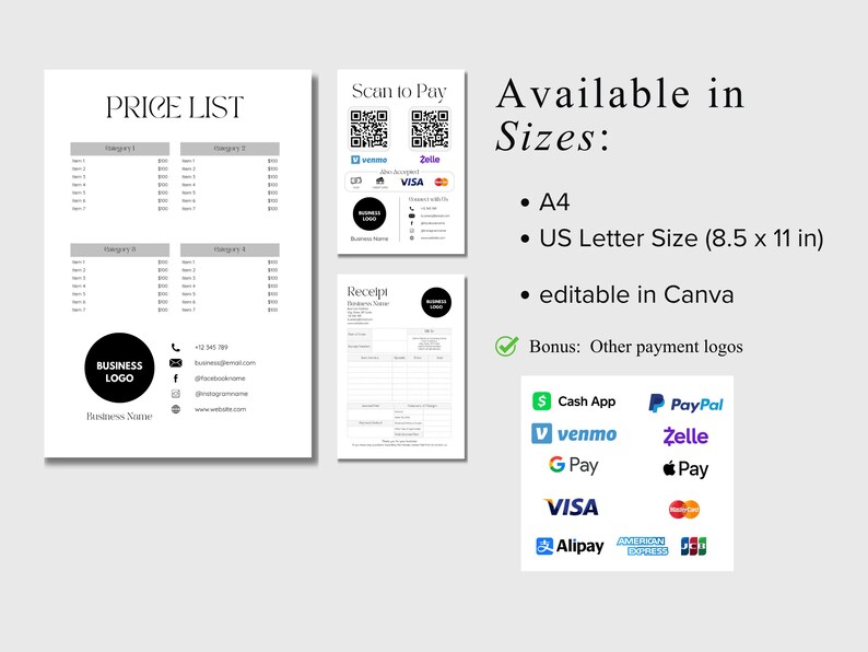 Editable Price List Template Payment Sign Template QR Code Sign for ...