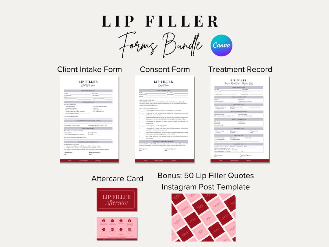 Lip Filler Forms Bundle: Med Spa Client Intake, Consent, Aftercare ...