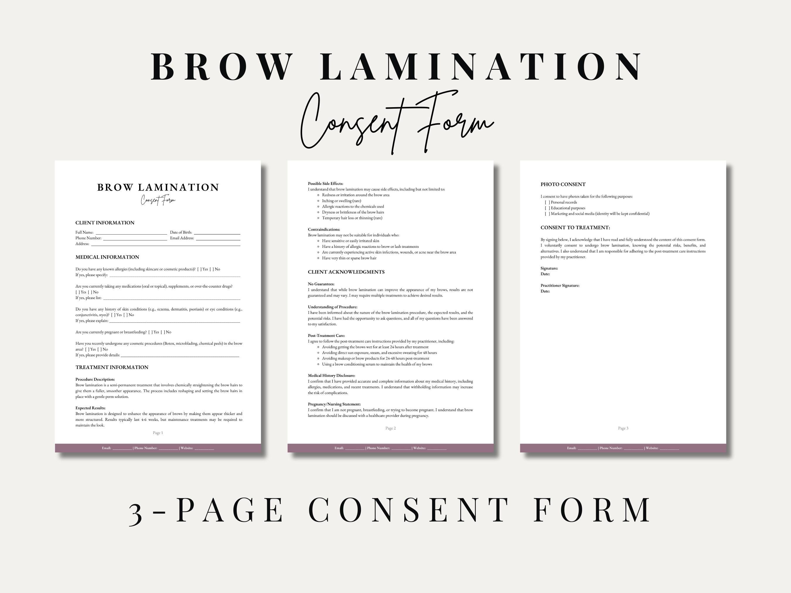 Editable Minimalist Brow Lamination Consent Form Template ...