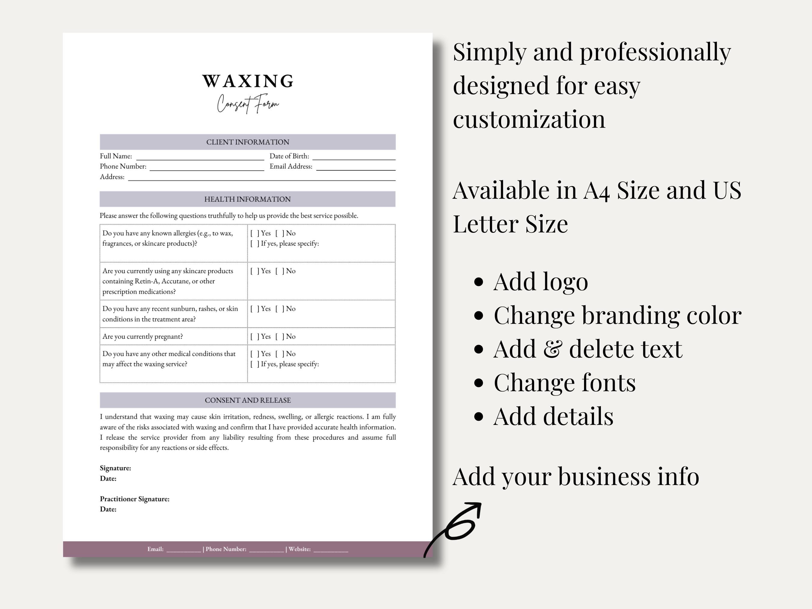 Editable Waxing Consent Form Template: Spa Salon Client Waiver (PDF ...