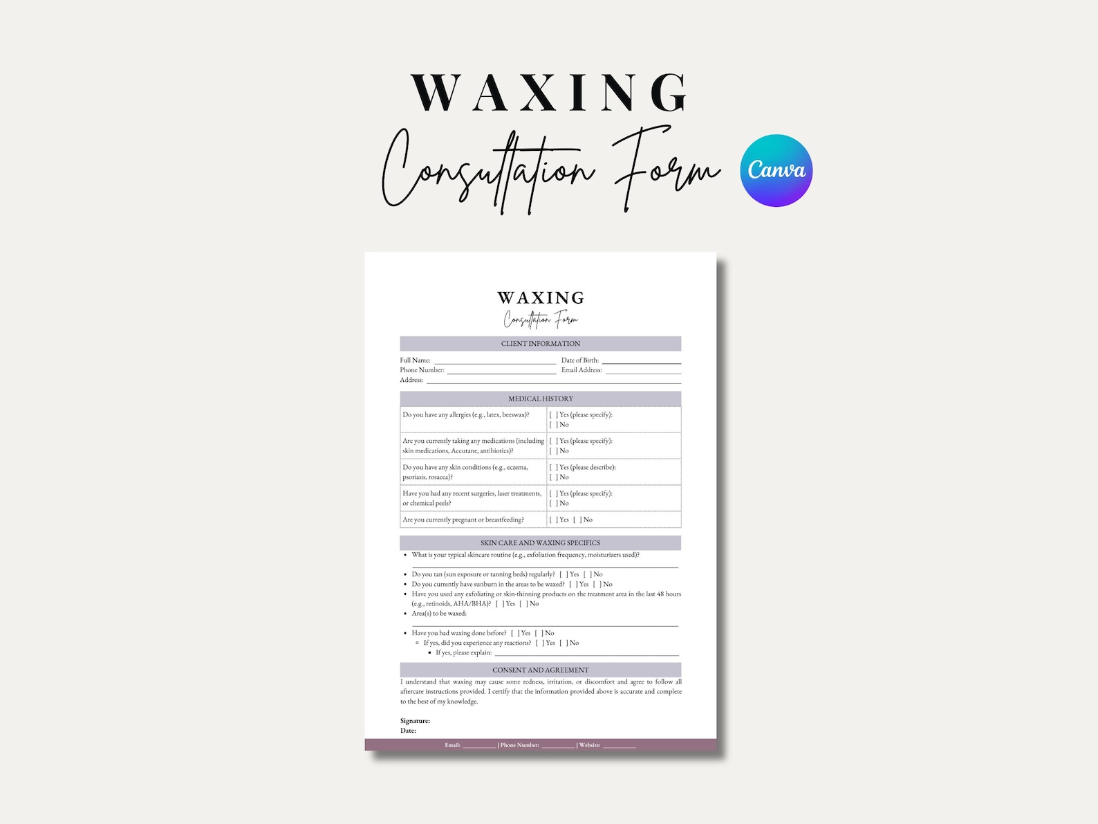 Editable Waxing Consultation Form: Client Intake Template (digital ...