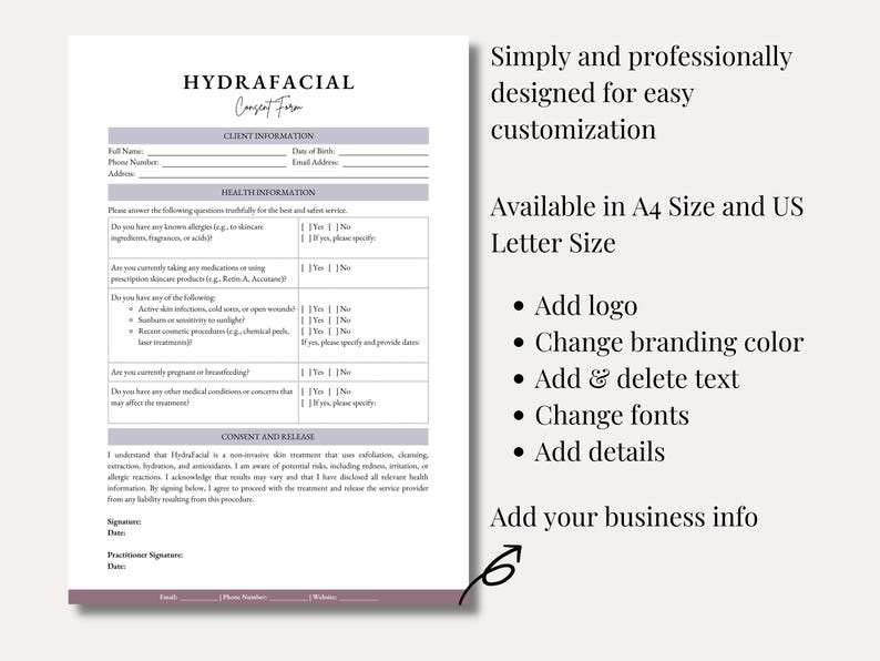 Hydrafacial Consent Form Template: Editable Client Agreement (digital Download) - Etsy