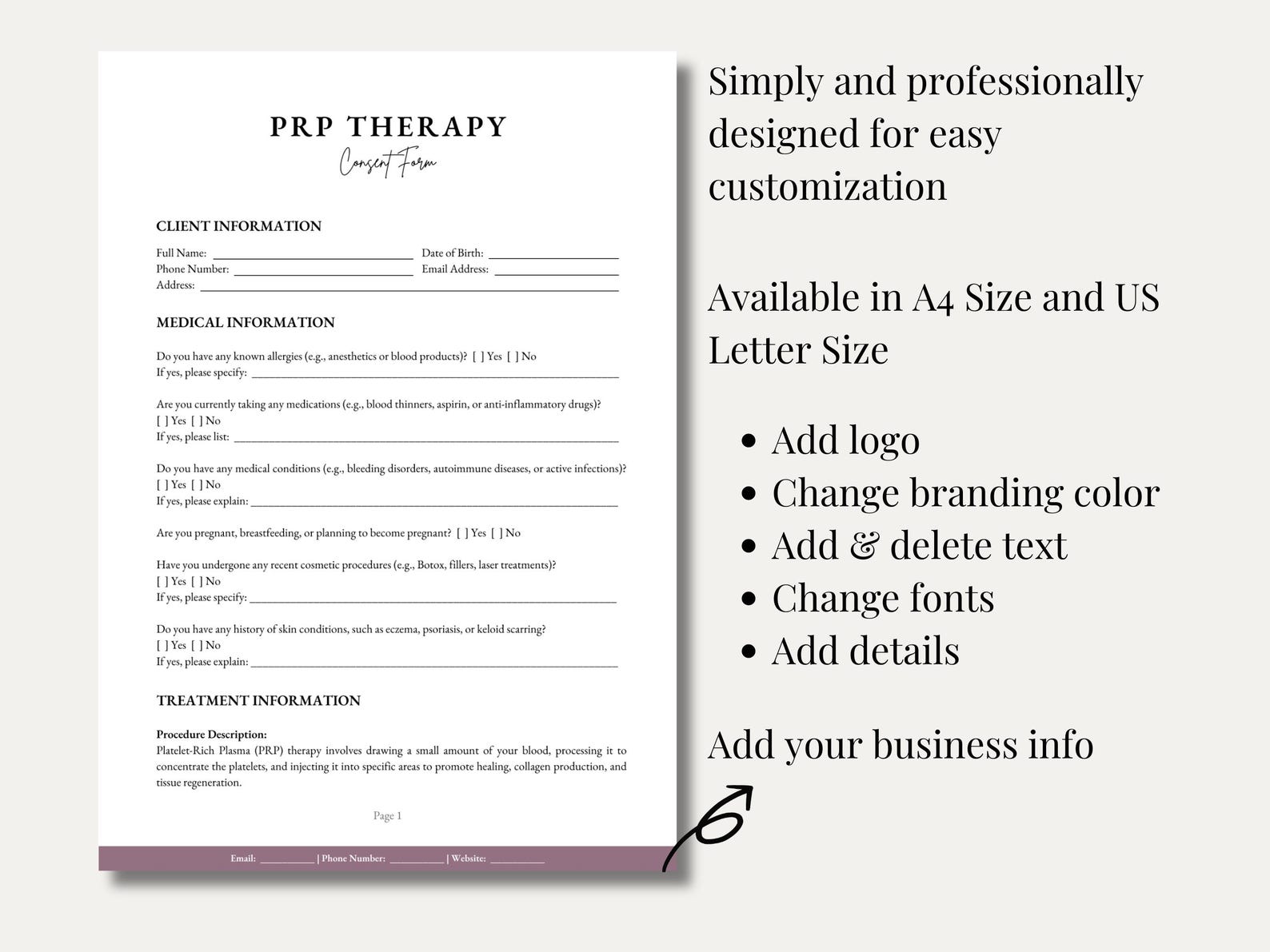 PRP Therapy Consent Form Template for Clinics, Aesthetic Professionals ...