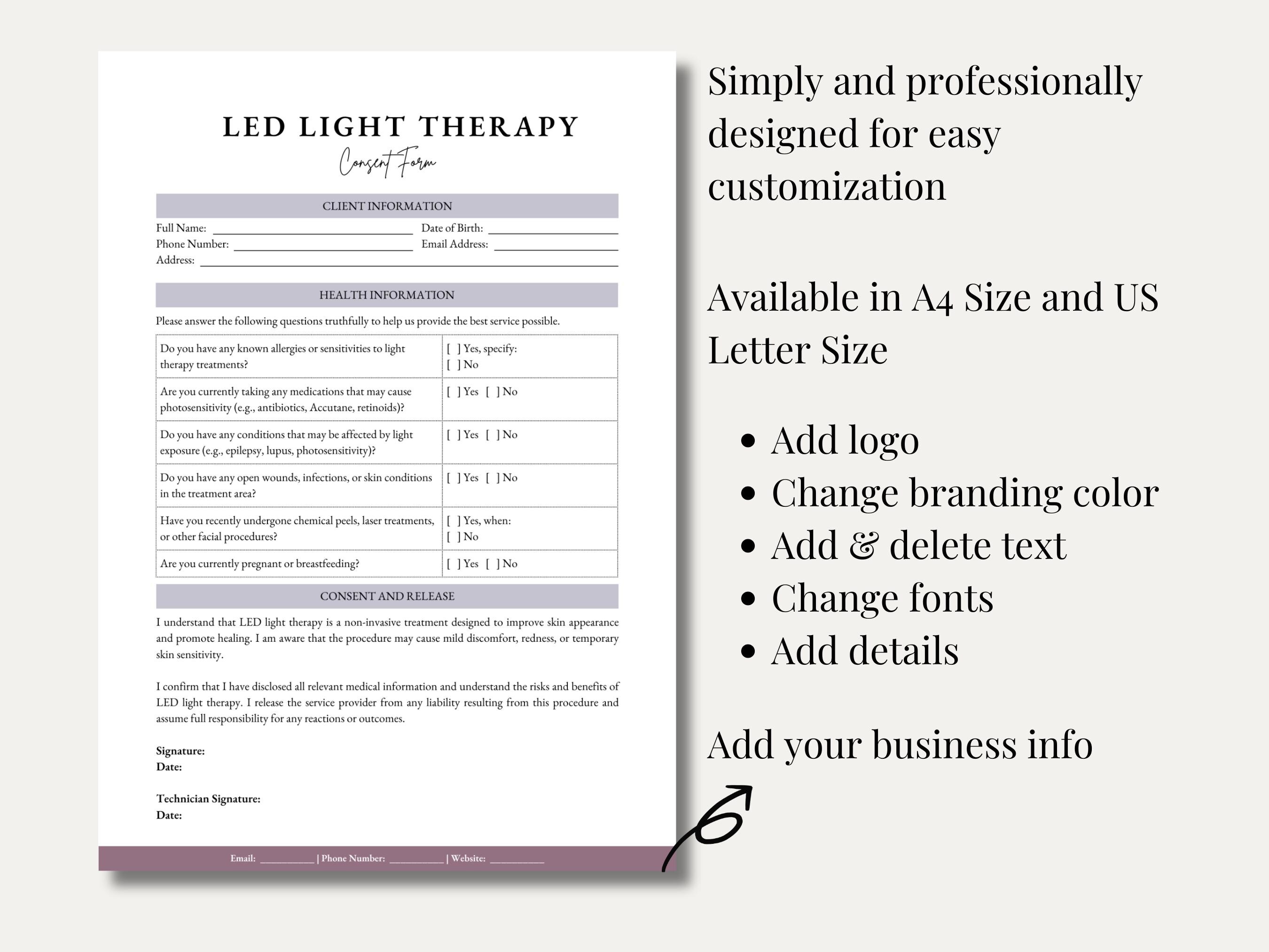 LED Light Therapy Consent Form Template: Editable PDF for Spas - Etsy